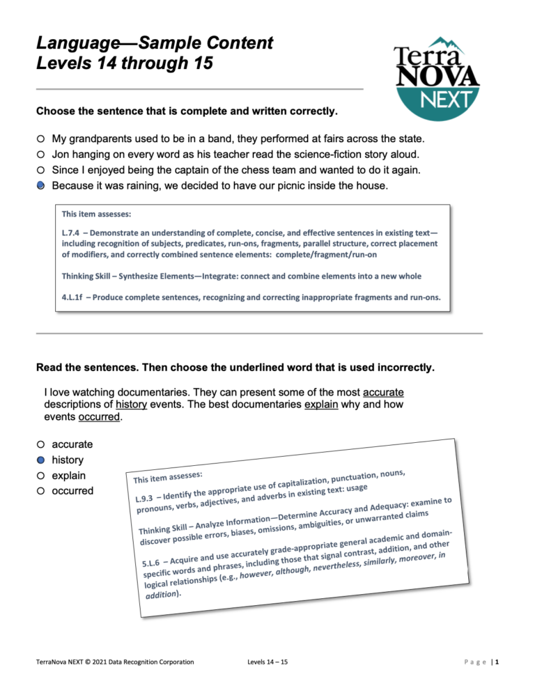 TerraNova NEXT | Sample Items